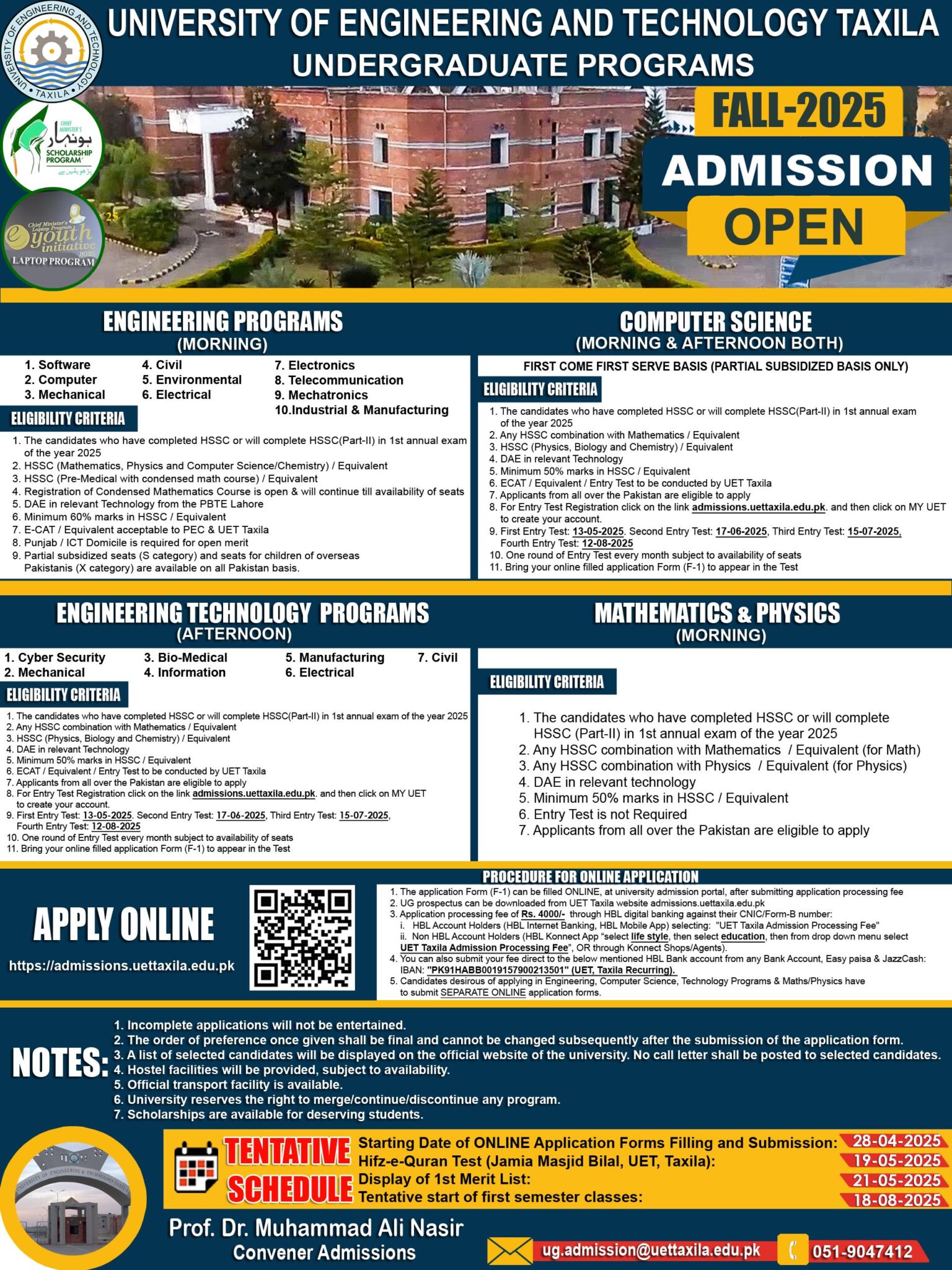 UET BS Admission 2025 Last Date, Online Apply